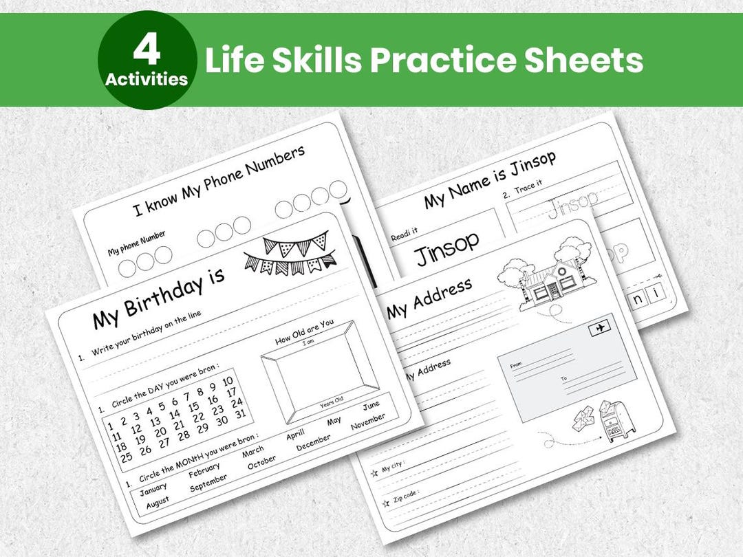 4 Life Skills Practice Sheets Printable - Kids Name Phone Number ...