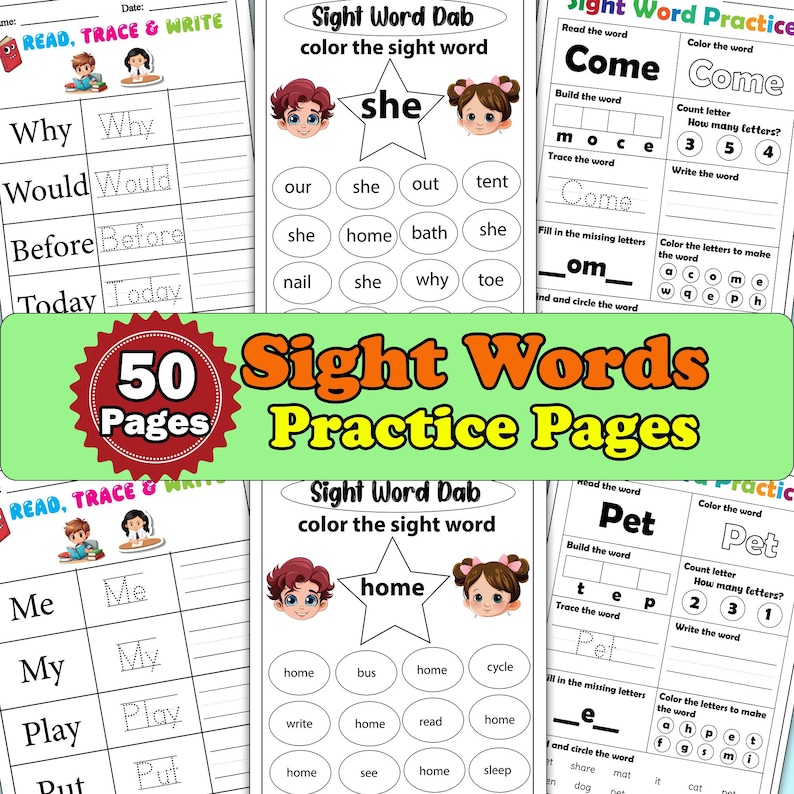 50 Sight Words Practice Pages, Printable Kindergarten Sight Words ...
