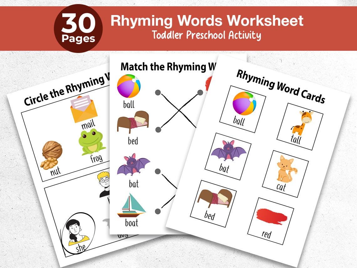 30 Rhyming Word Matching Cards Printable for Kids, Preschool ...