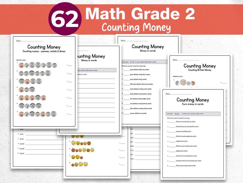 Counting Money Math 2nd Grade Worksheets 63 Pages Summer Workbook for ...