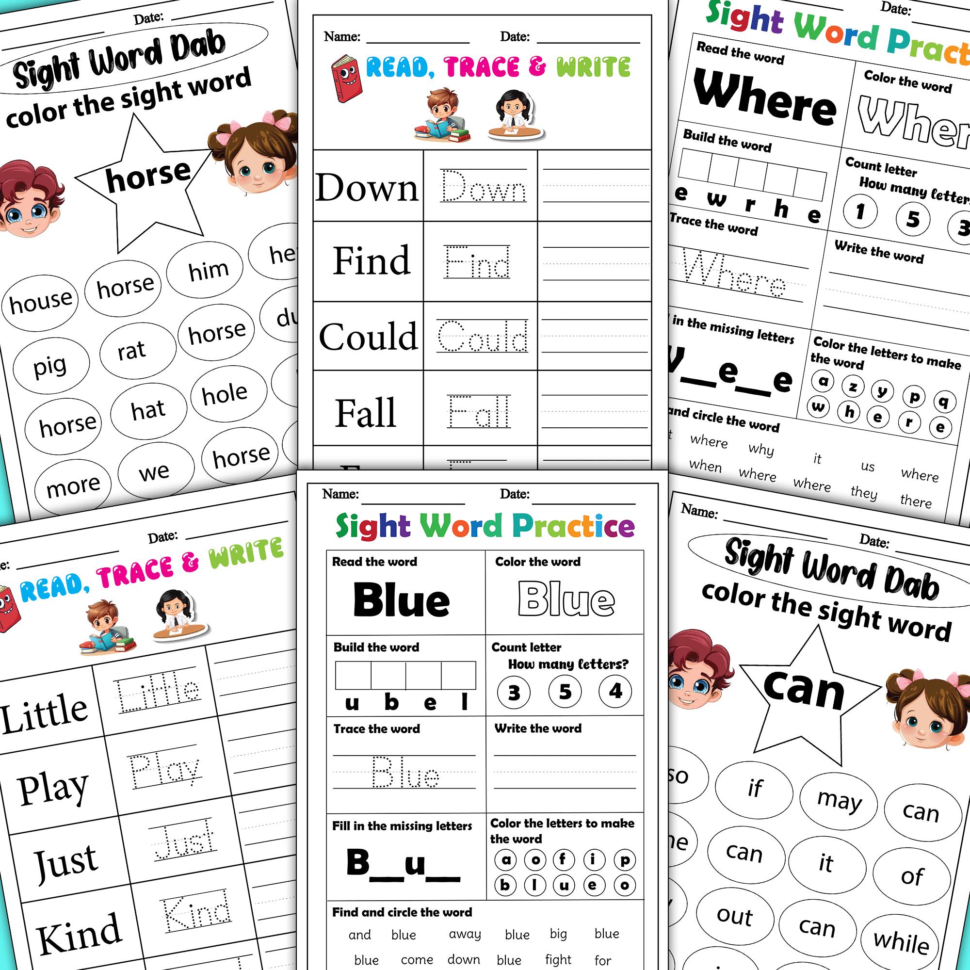 50 Sight Words Practice Pages, Printable Kindergarten Sight Words ...