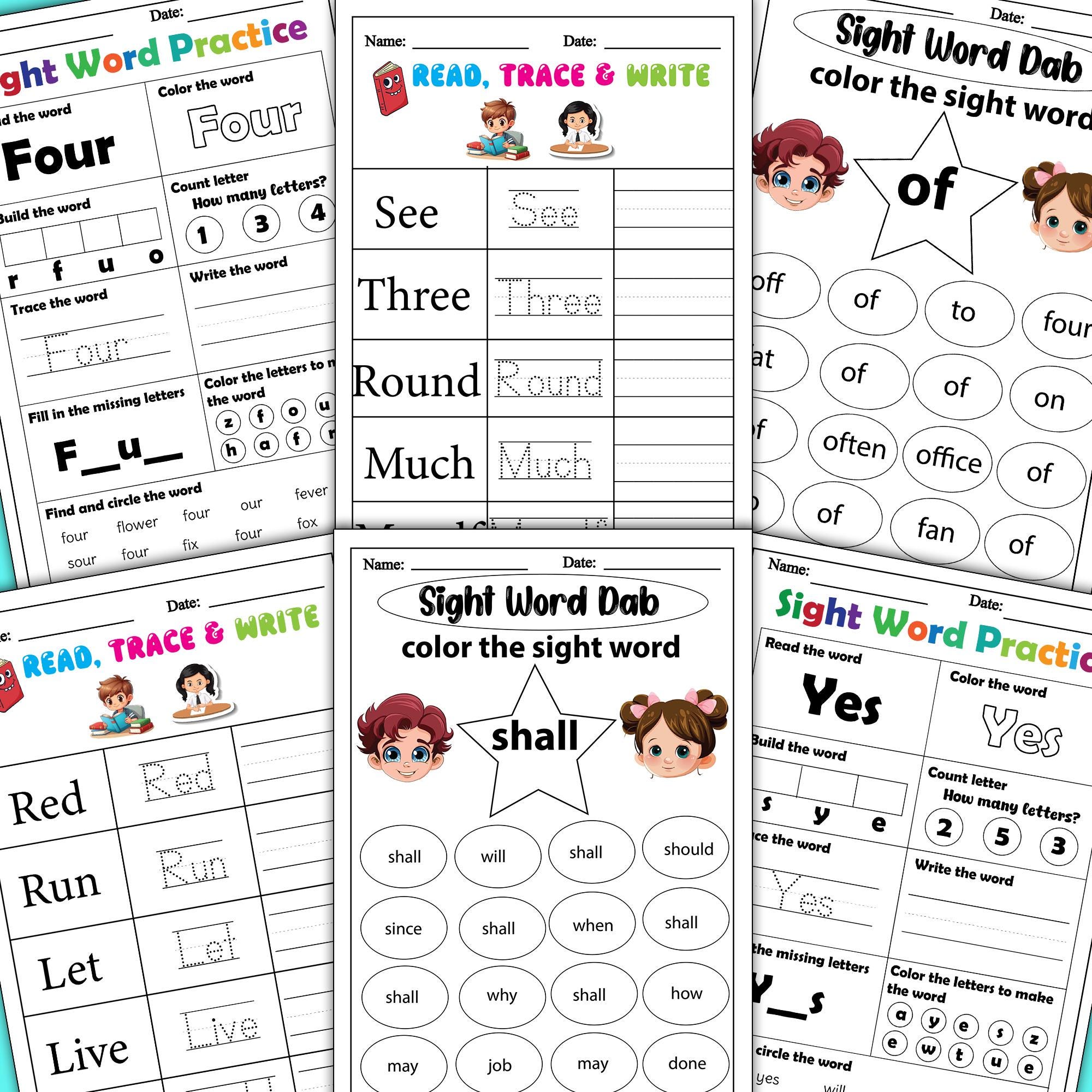 50 Sight Words Practice Pages, Printable Kindergarten Sight Words ...