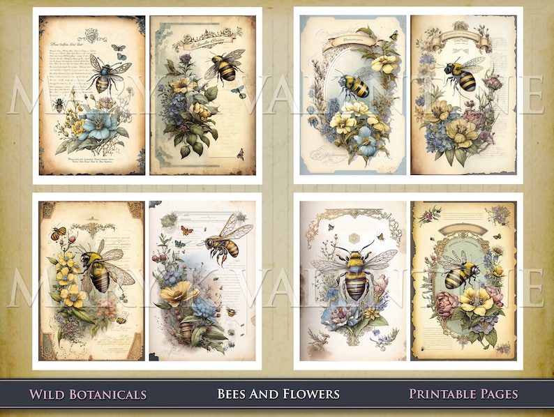 Vintage Honey Bees & Bumble Bees With Flowers Digital Junk Journal ...