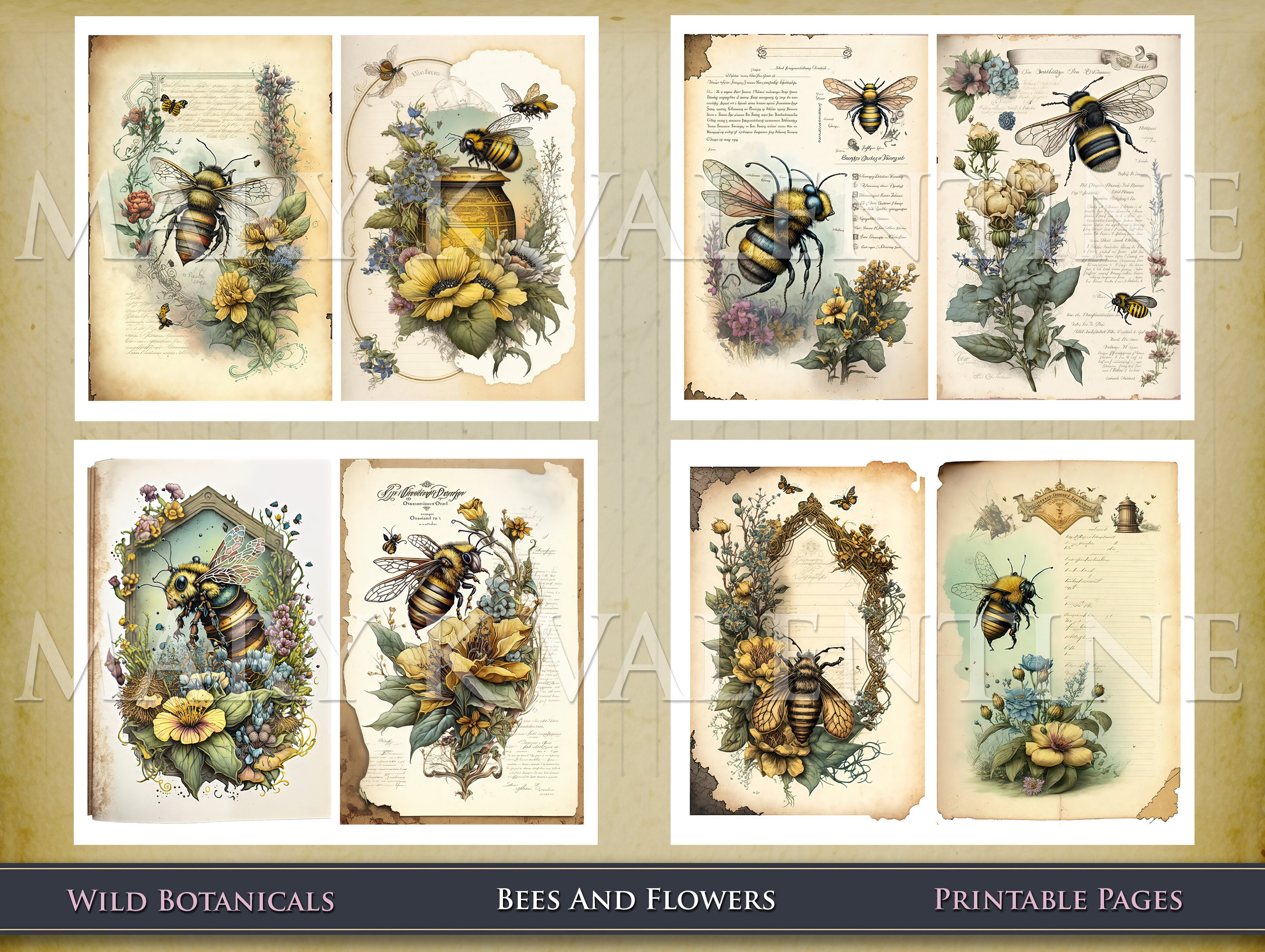 Vintage Honey Bees & Bumble Bees With Flowers Digital Junk Journal ...