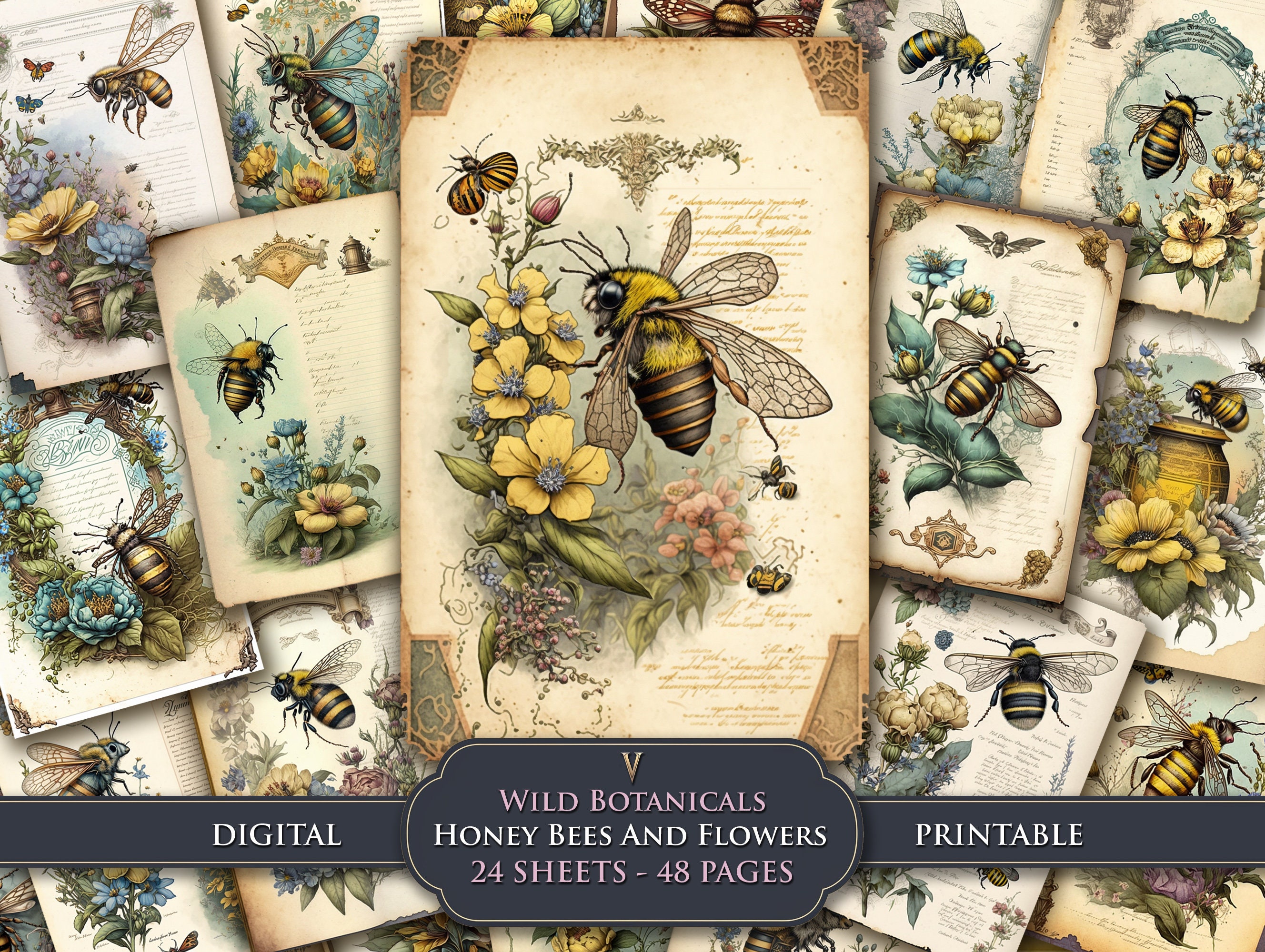 Vintage Honey Bees & Bumble Bees With Flowers Digital Junk Journal ...