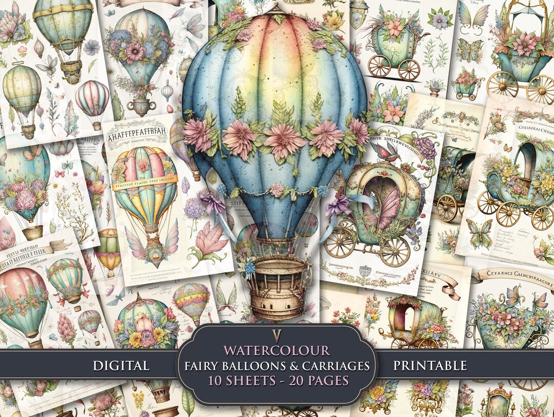 Watercolour Junk Journal Pages Fairy Balloons and Carriages Digital ...