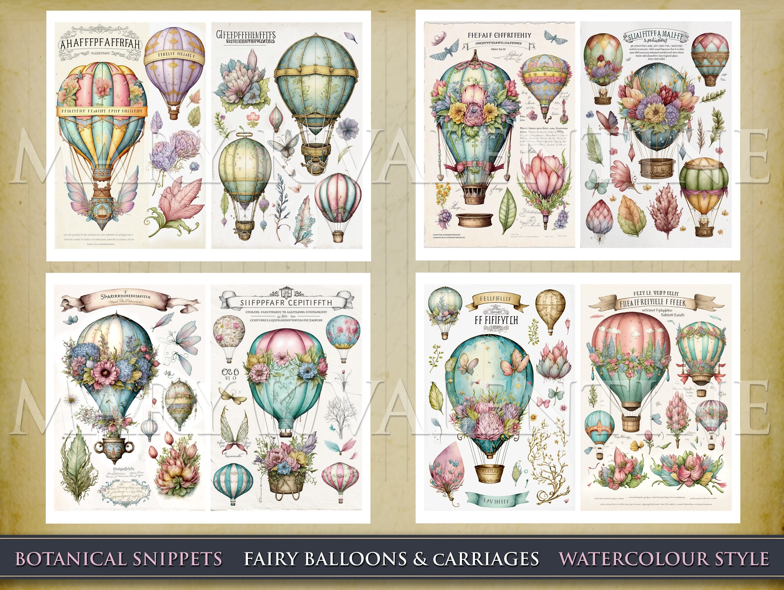 Watercolour Junk Journal Pages Fairy Balloons and Carriages Digital ...