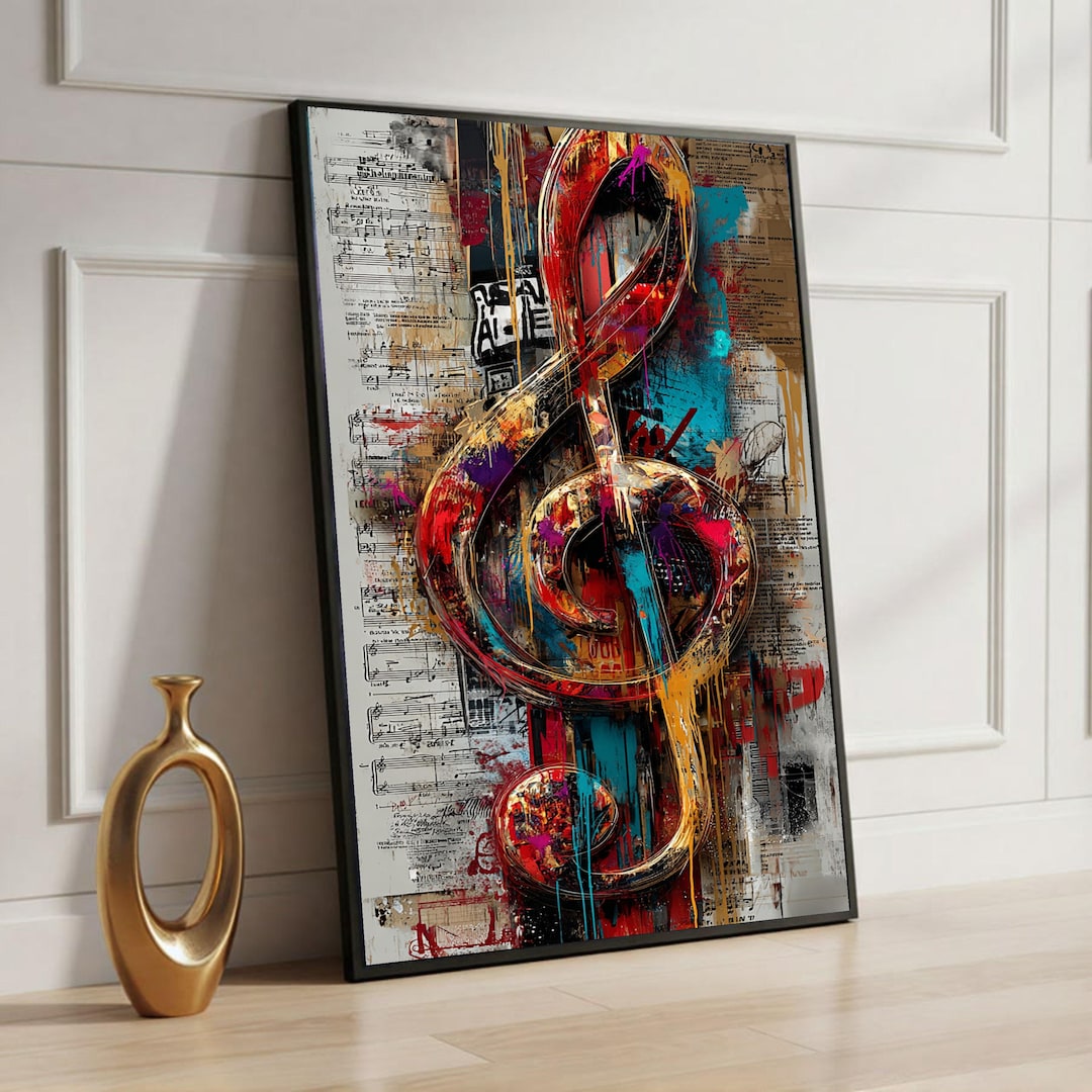 Vibrant Treble Clef Canvas Wall Art, Abstract Music Note Painting ...