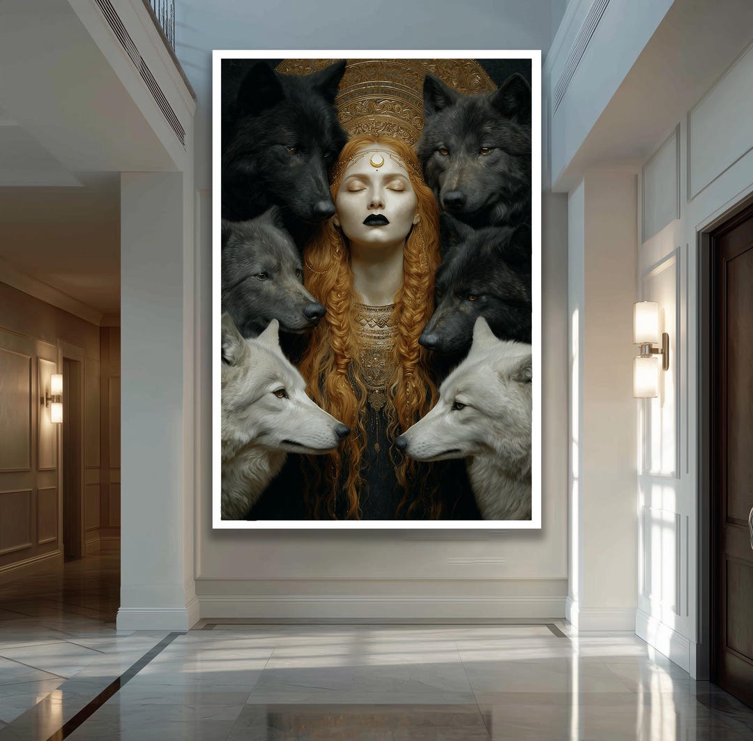 Mystical Wolf Goddess Wall Art Canvas, Fantasy Woman With Wolves ...