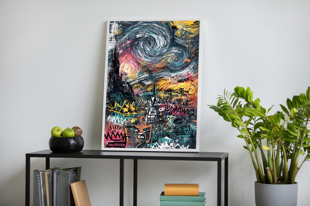 Van Gogh Starry Night Graffiti, Basquiat Style Wall Art, Abstract Urban Canvas, Colorful Modern ...