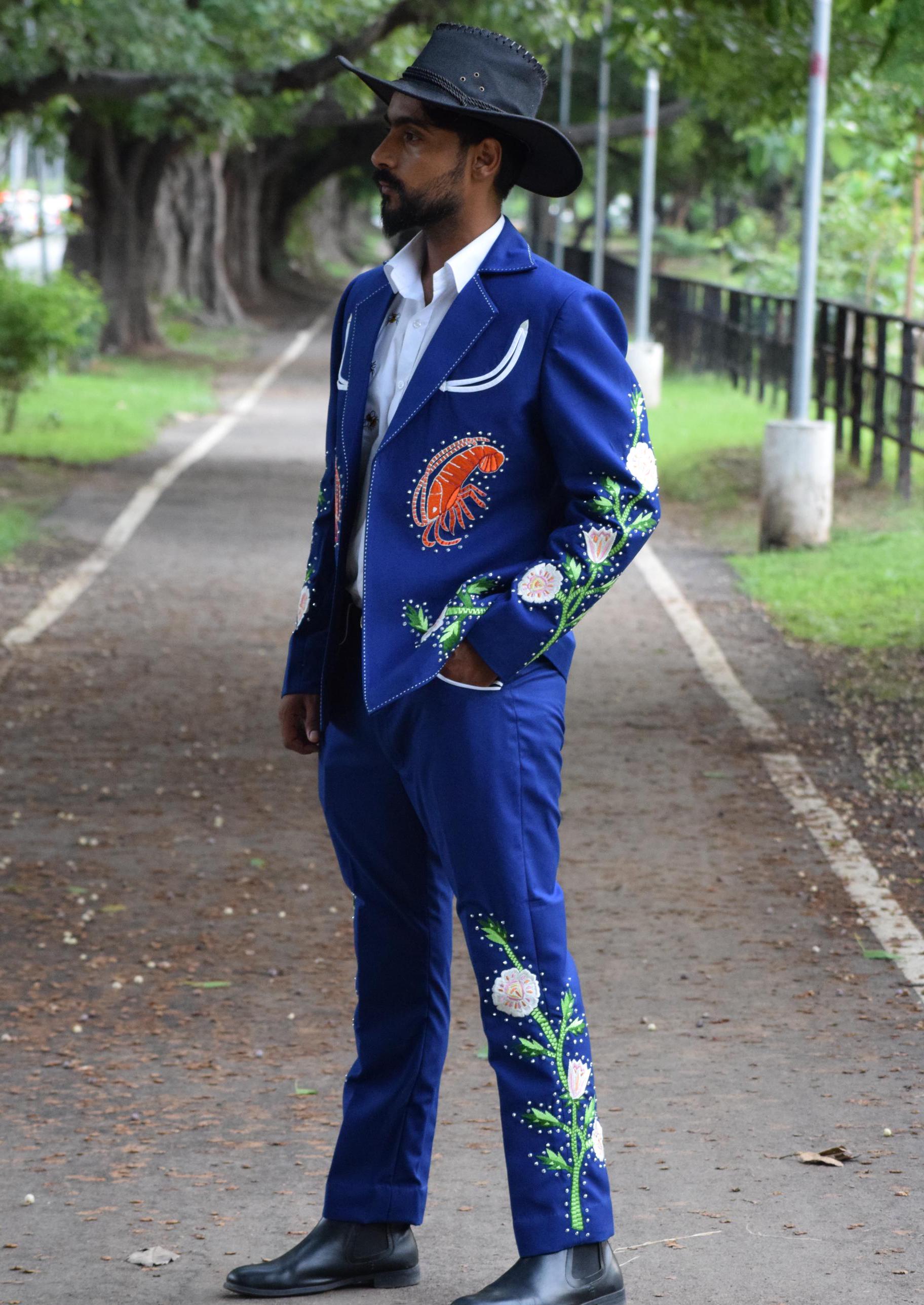 Men Custom Made Blue 2pc Suit Country Western Suits Hand Embroidered ...