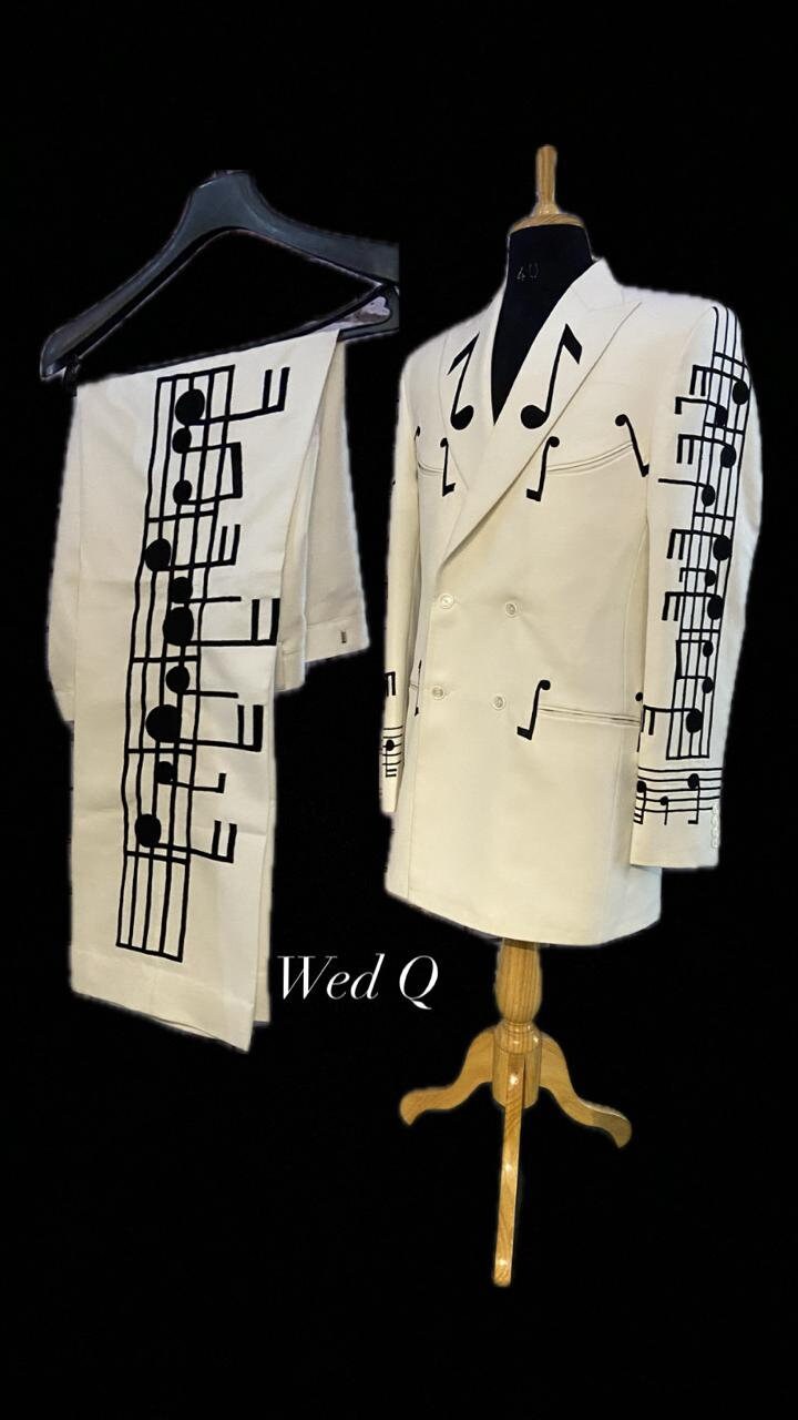 Men Custom Made White Cotton 2pc Suit Country Western Music Note Hand ...
