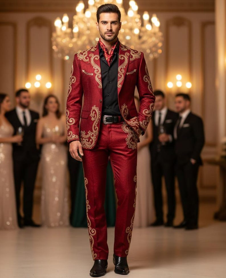 Men Dark Red Suit Country Western Suits Embroidered for Event and Party ...