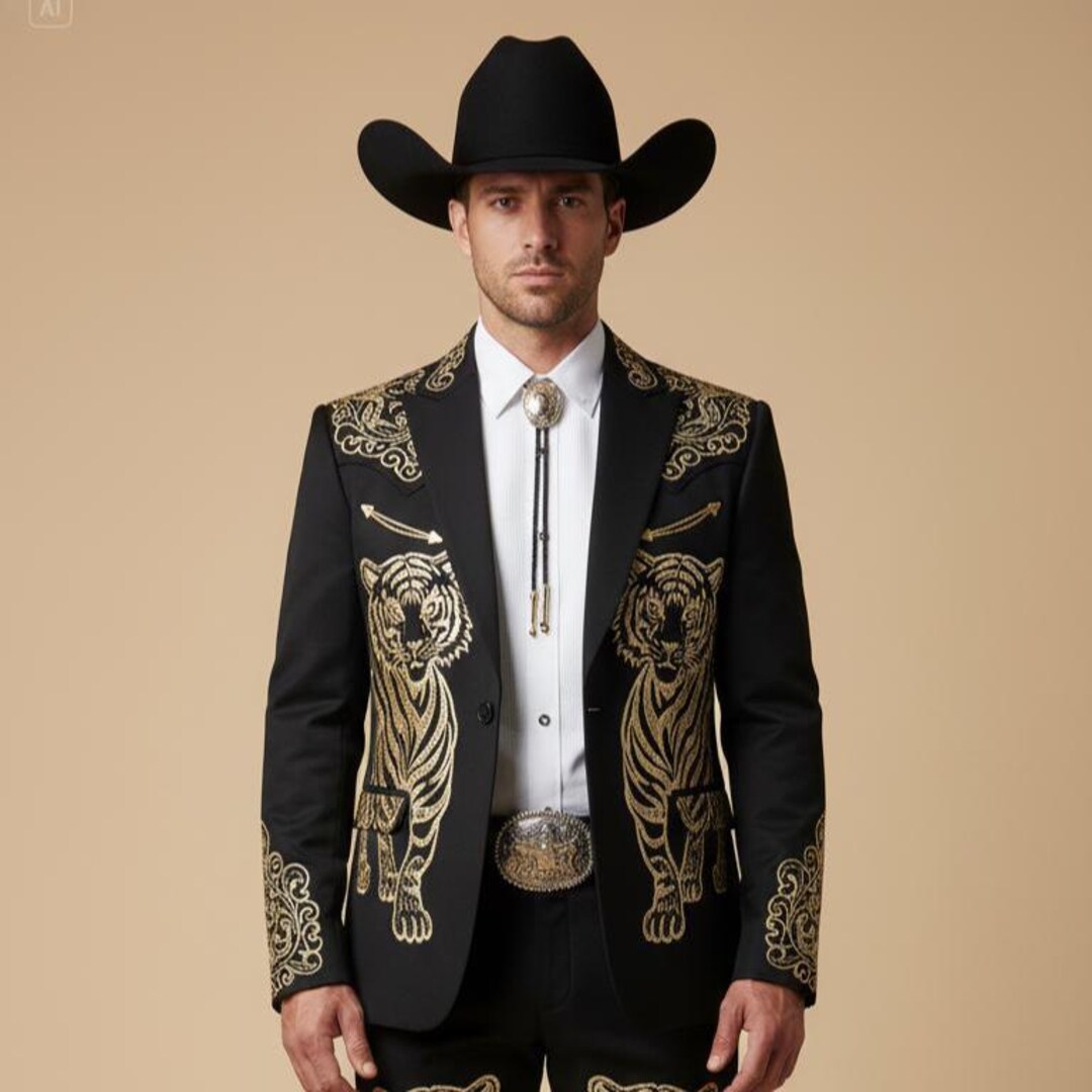 1014 Men Black TIGER 2pc Suit Country Western Suits Embroidered Outfit ...