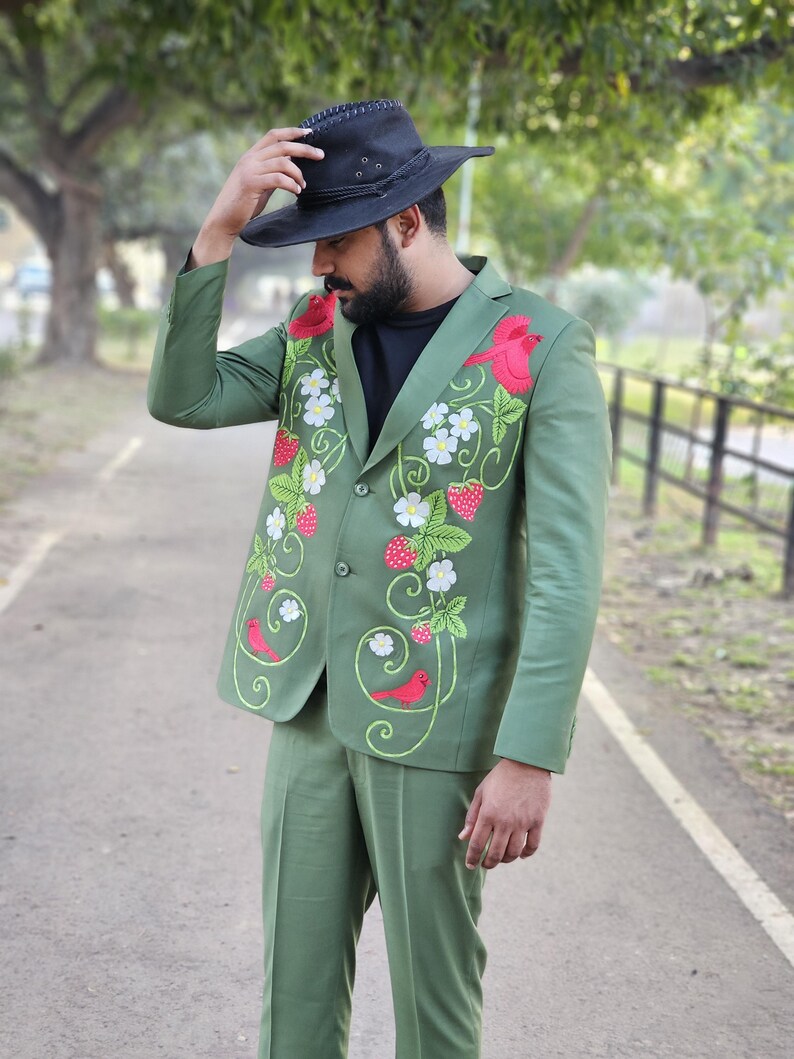 Men Custom Made Green Cotton 2pc Suit Country Western Hand Embroidered ...
