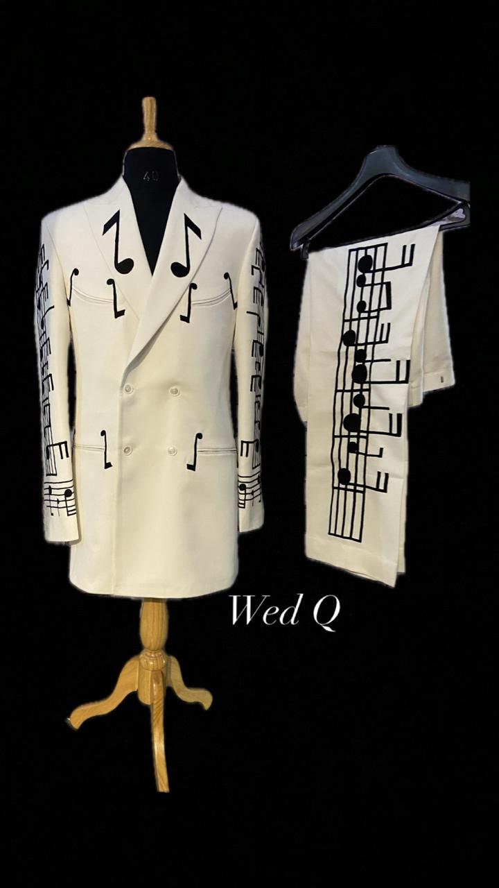 Men Custom Made White Cotton 2pc Suit Country Western Music Note Hand ...
