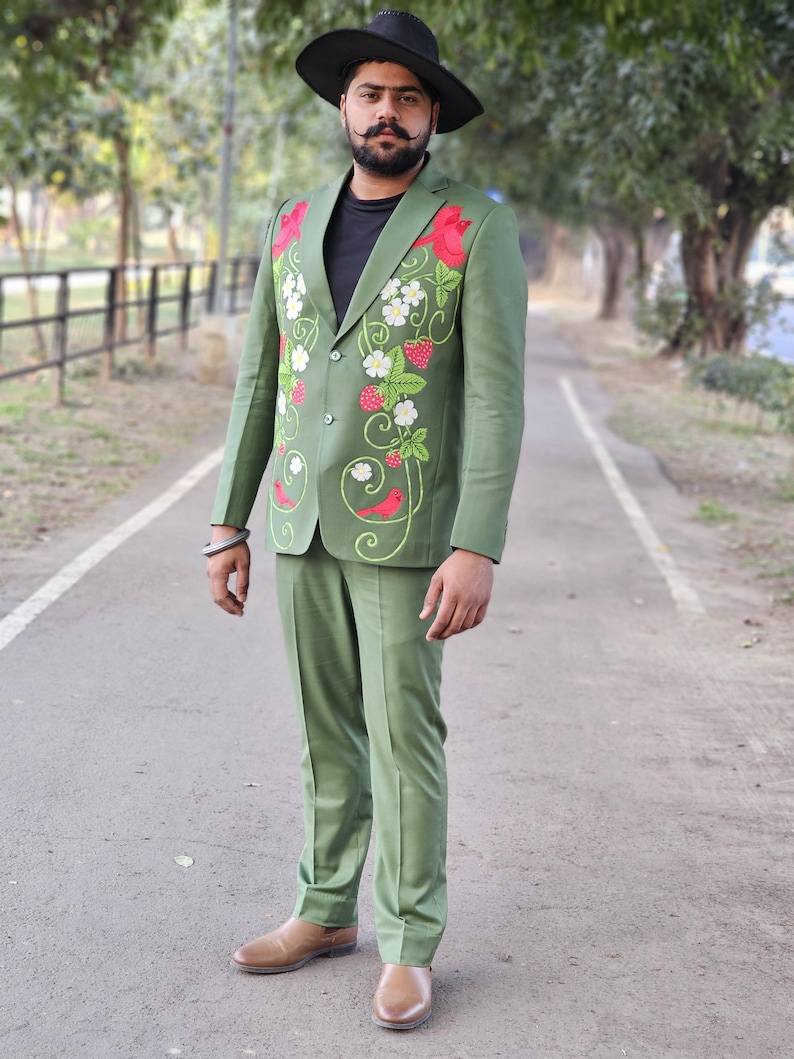 Men Custom Made Green Cotton 2pc Suit Country Western Hand Embroidered ...