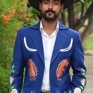 Men Custom Made Blue 2pc Suit Country Western Suits Hand Embroidered ...