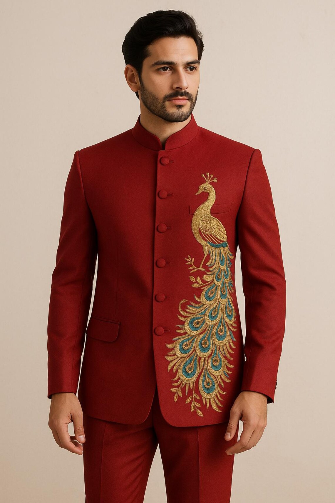 Men Red Peacock 2pc Suit Country Western Suits Hand Embroidered Outfit ...