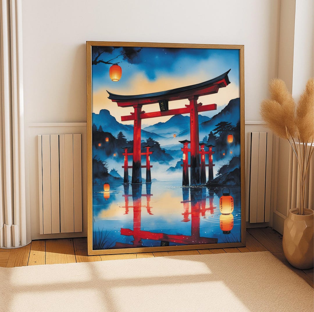 Japanese Torii Gate Art Japandi Style Night Landscape Decor Minimalist ...