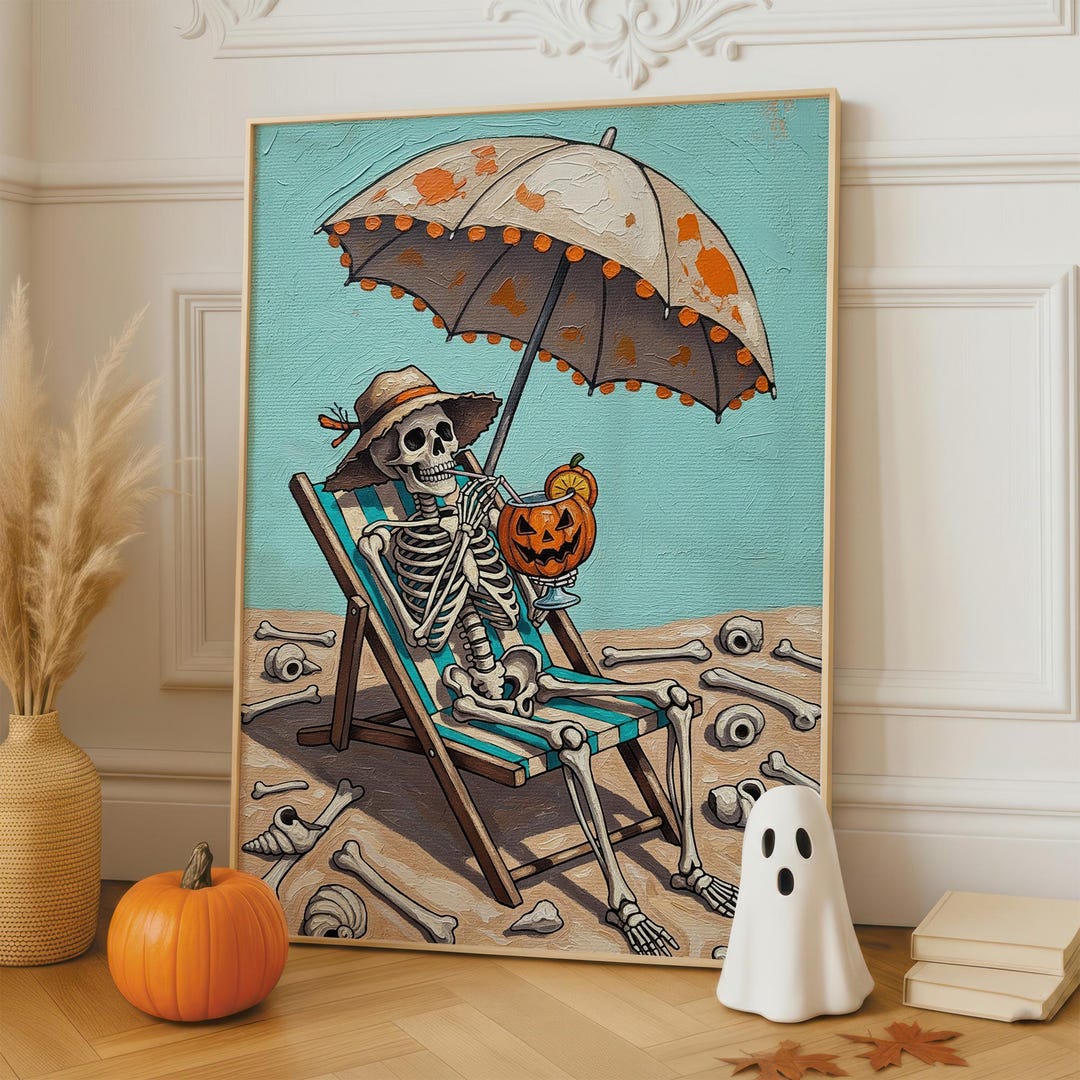 Halloween Skeleton Poster Printable Wall Art Cute Vintage Pumpkin Ghost ...