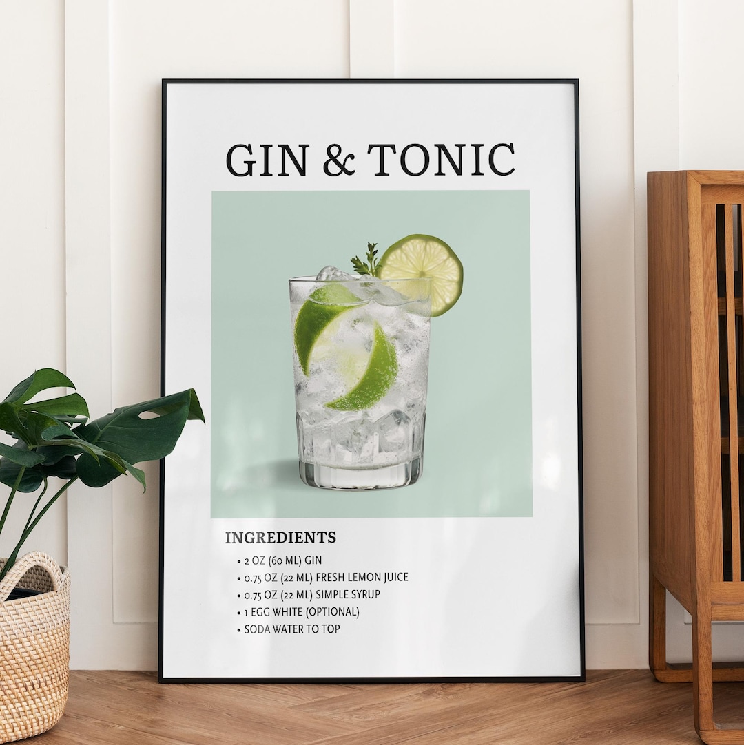 Gin and Tonic Cocktail Printable Wall Art - Bar Cart Decor Gin Drink ...