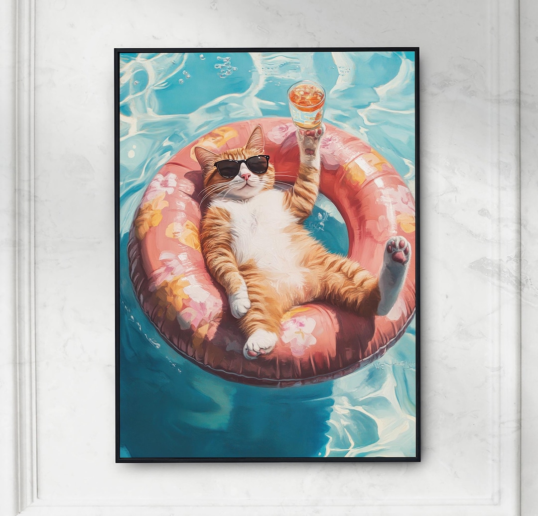 Relaxing Cat in Pool Float Digital Download Fun Summer Themed Cat Art ...