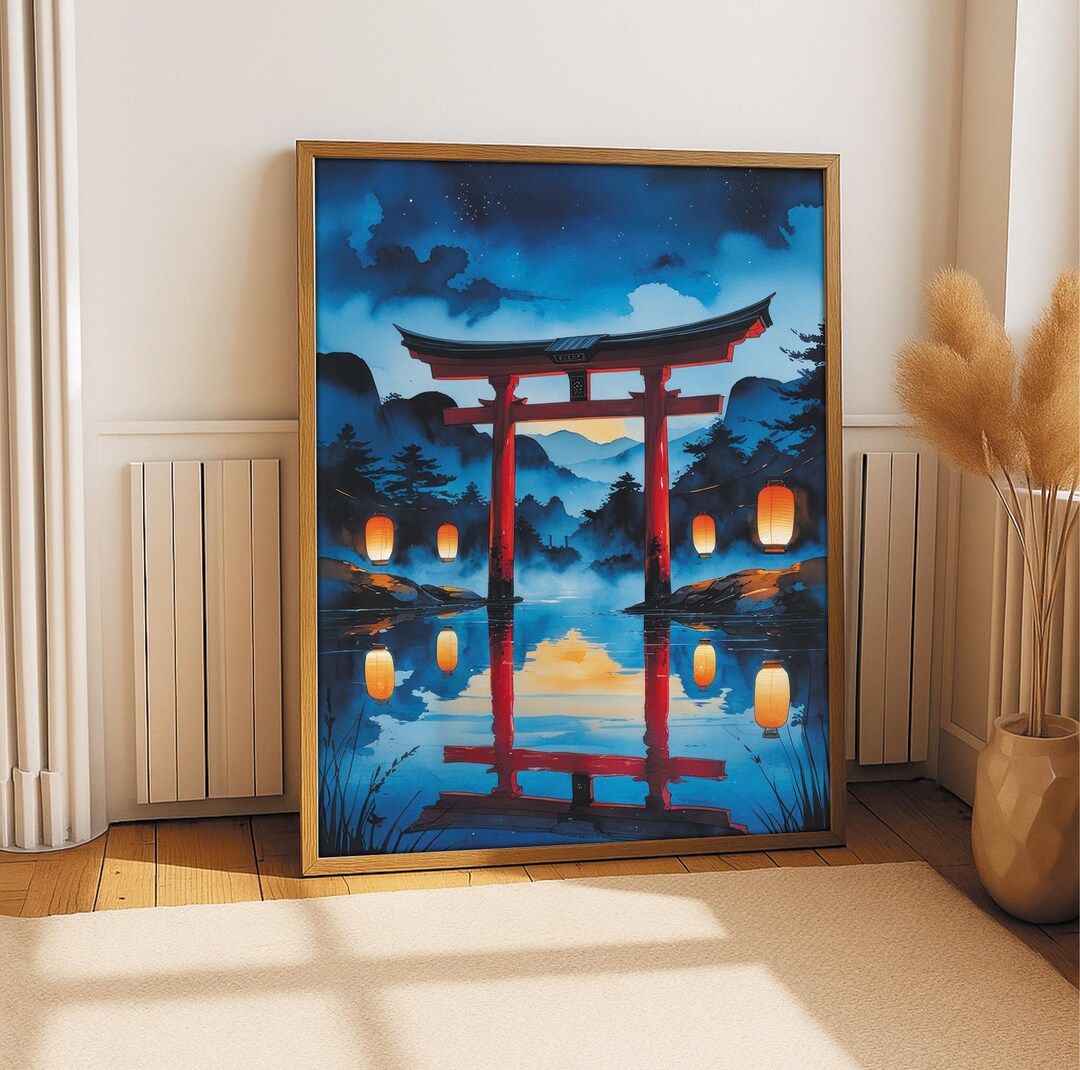 Japanese Torii Gate Art Japandi Style Night Landscape Decor Minimalist ...
