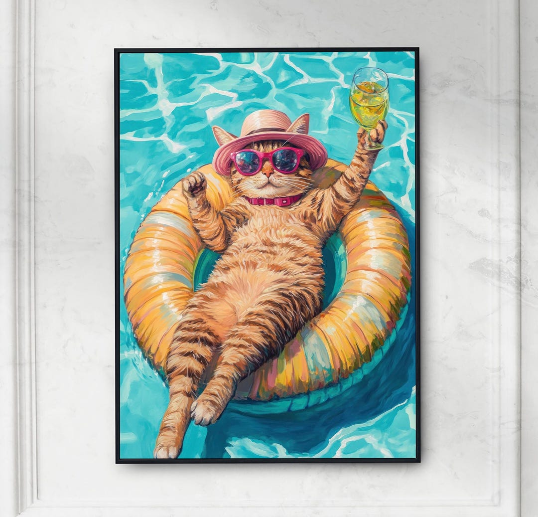 Chill Cat Floating on Pool Ring Digital Download Fun Summer Cat Art for ...