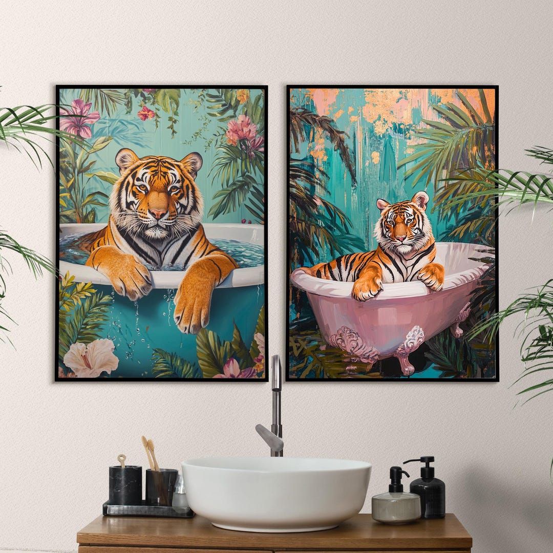 Tiger Bathroom Wall Art Set Tropical Bathroom Decor Jungle Bathroom ...