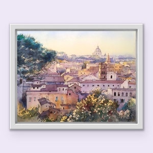Rome Italy, Watercolor Print, Rome Rooftops Poster, View of the Roofs ...