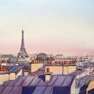 Paris Rooftops Watercolor Print Eiffel Tower Poster Parisian View French Wall Decor Paris Wall ...