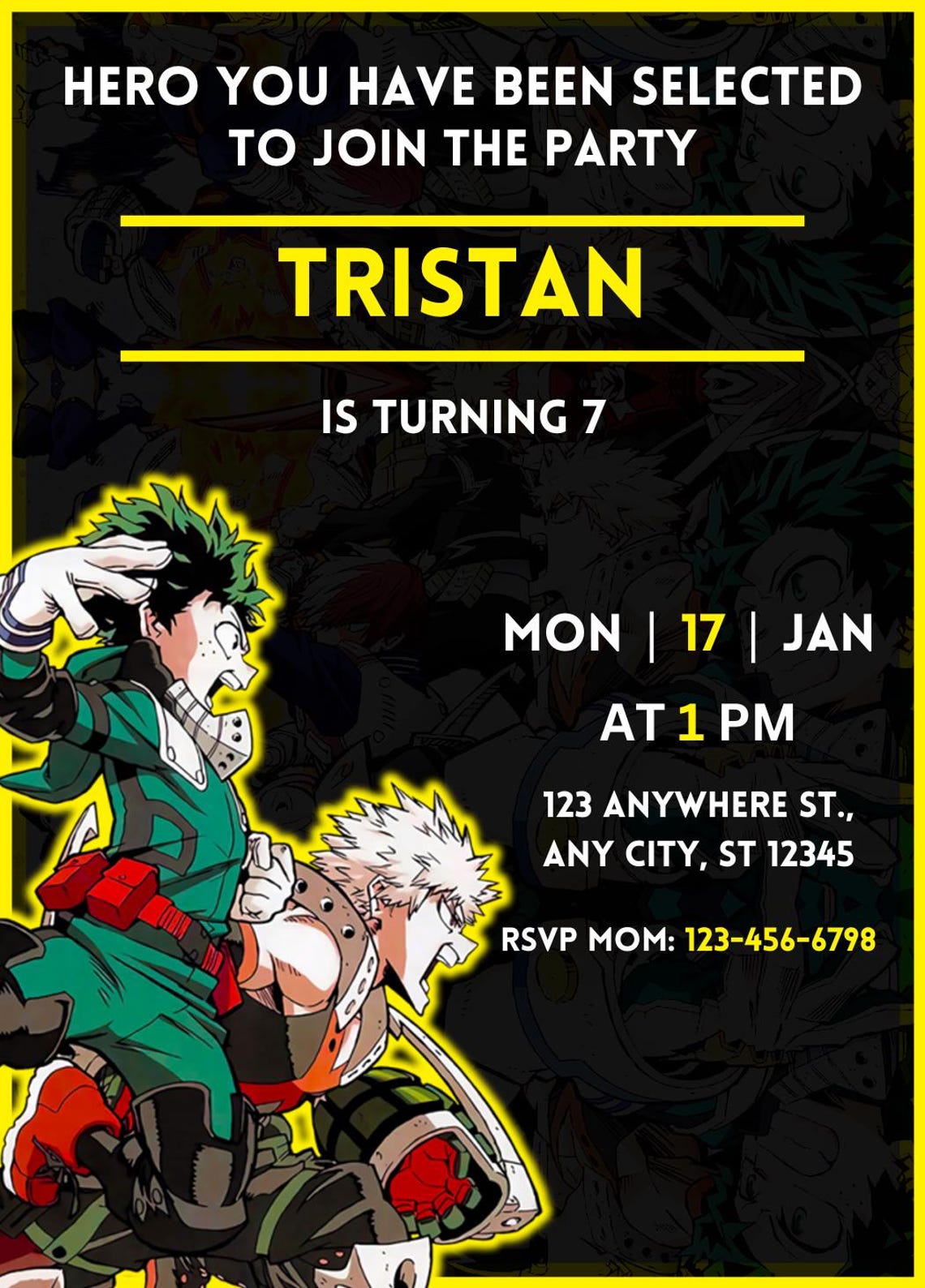 Editable My Hero Academia Birthday Invitation Template | Printable ...