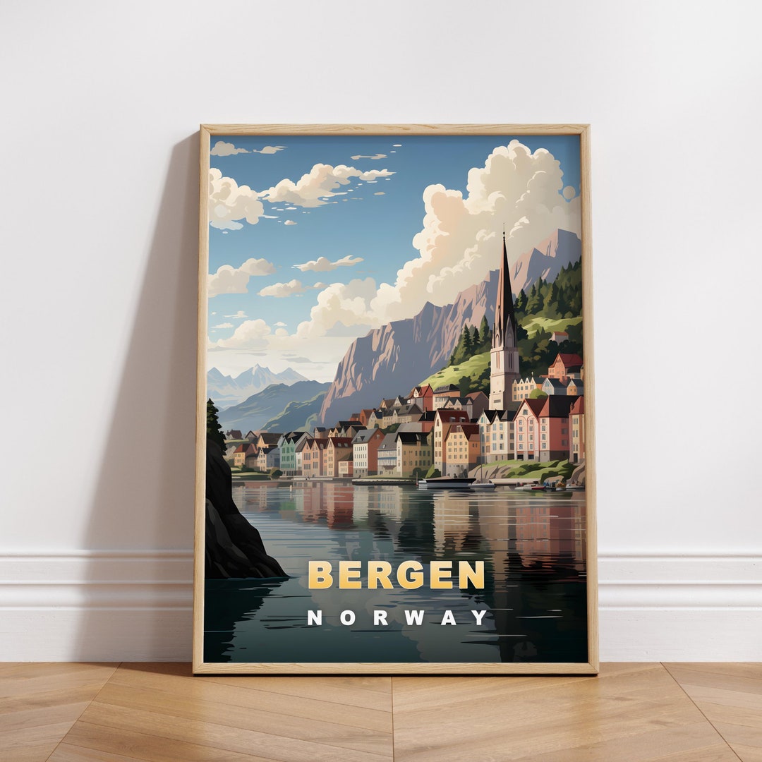 Bergen Travel Poster, Norway Digital Print, Retro Wall Art, Printable ...