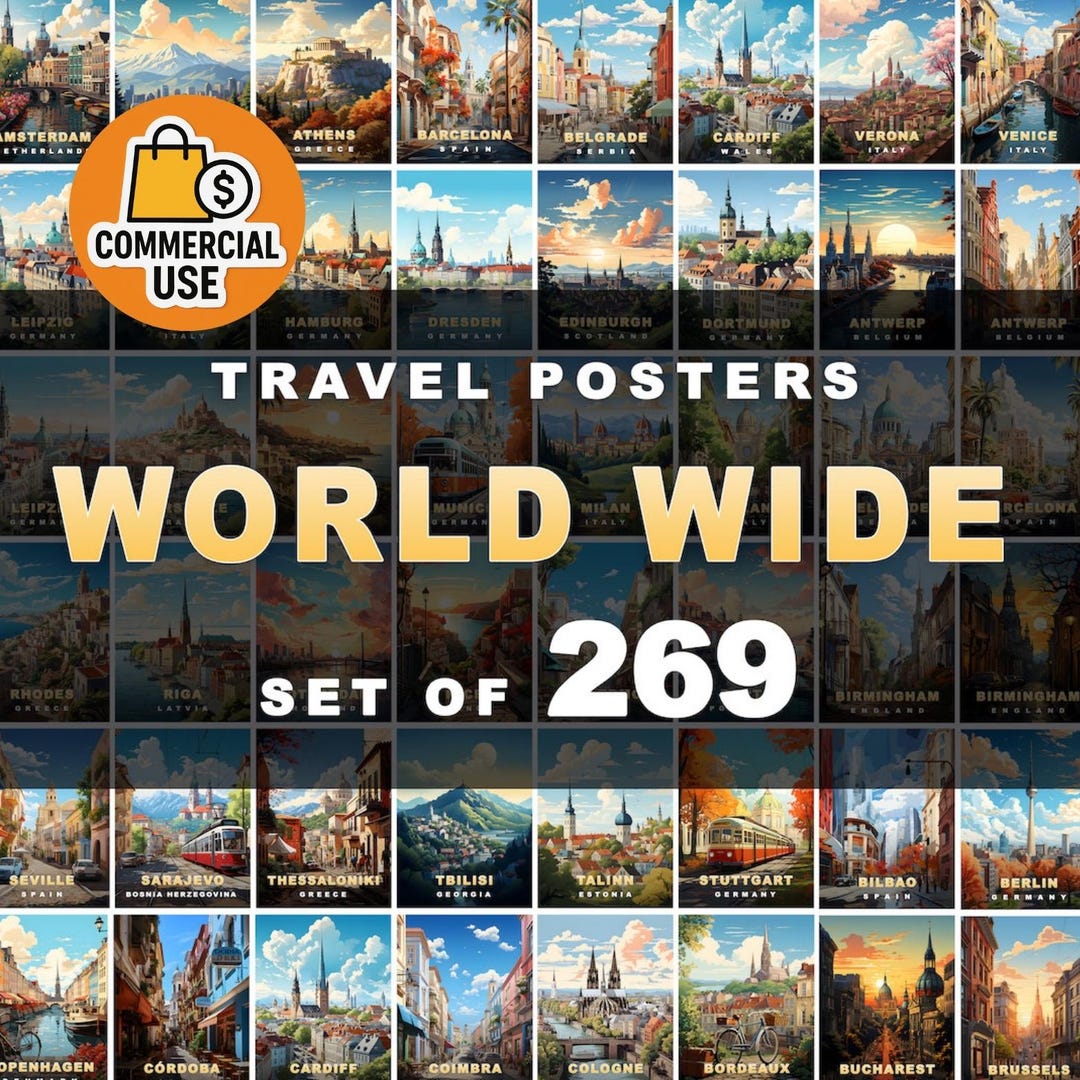 COMMERCIAL USE 269 World Wide Travel Posters Pack, Digital Print, Retro ...
