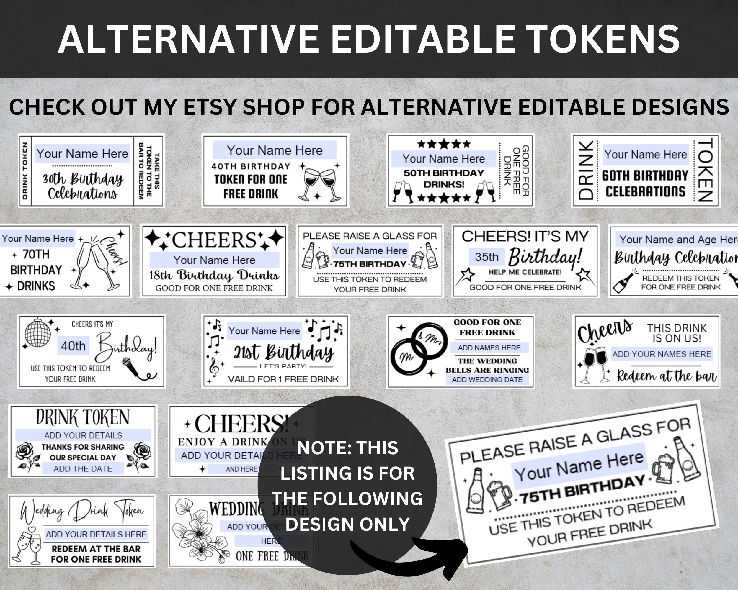 Editable 75th Birthday Drink Tokens, Printable Birthday Drink Tokens ...