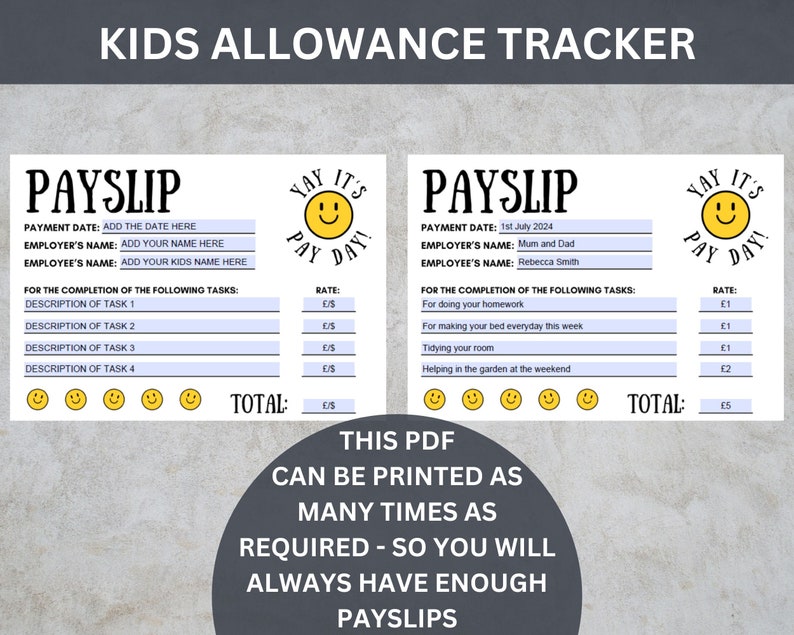 Editable Payslip for Kids, Printable Kids Paycheck, Kids Reward System ...