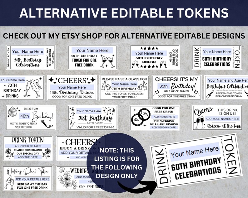 Editable 60th Birthday Drink Tokens, Printable Birthday Drink Tokens ...