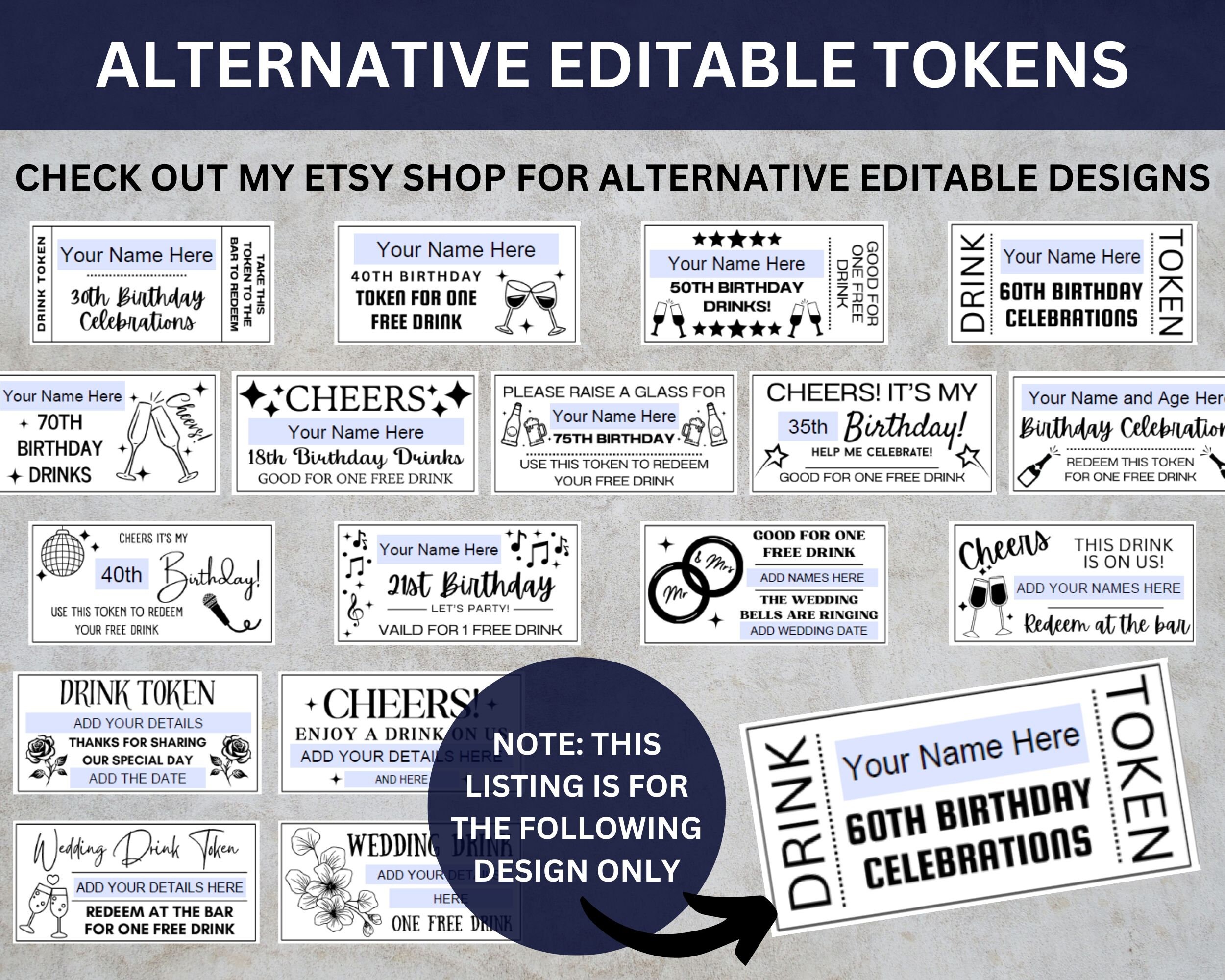 Editable 60th Birthday Drink Tokens, Printable Birthday Drink Tokens ...