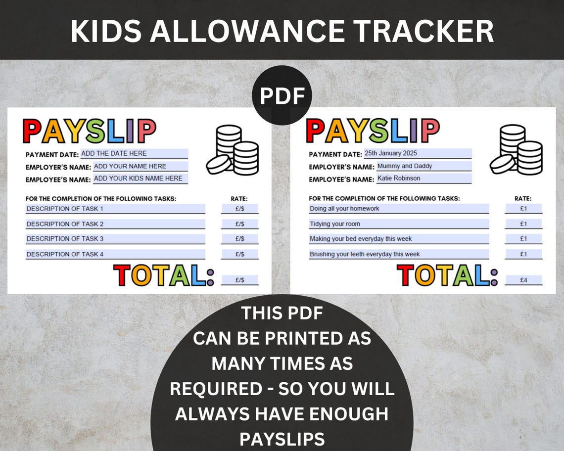 Editable Payslip for Kids, Printable Kids Pay Cheque, Chore Chart for ...