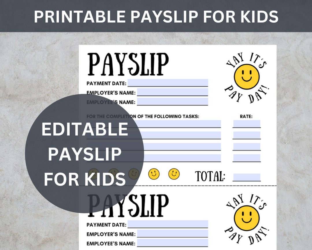 Editable Payslip for Kids, Printable Kids Paycheck, Kids Reward System ...