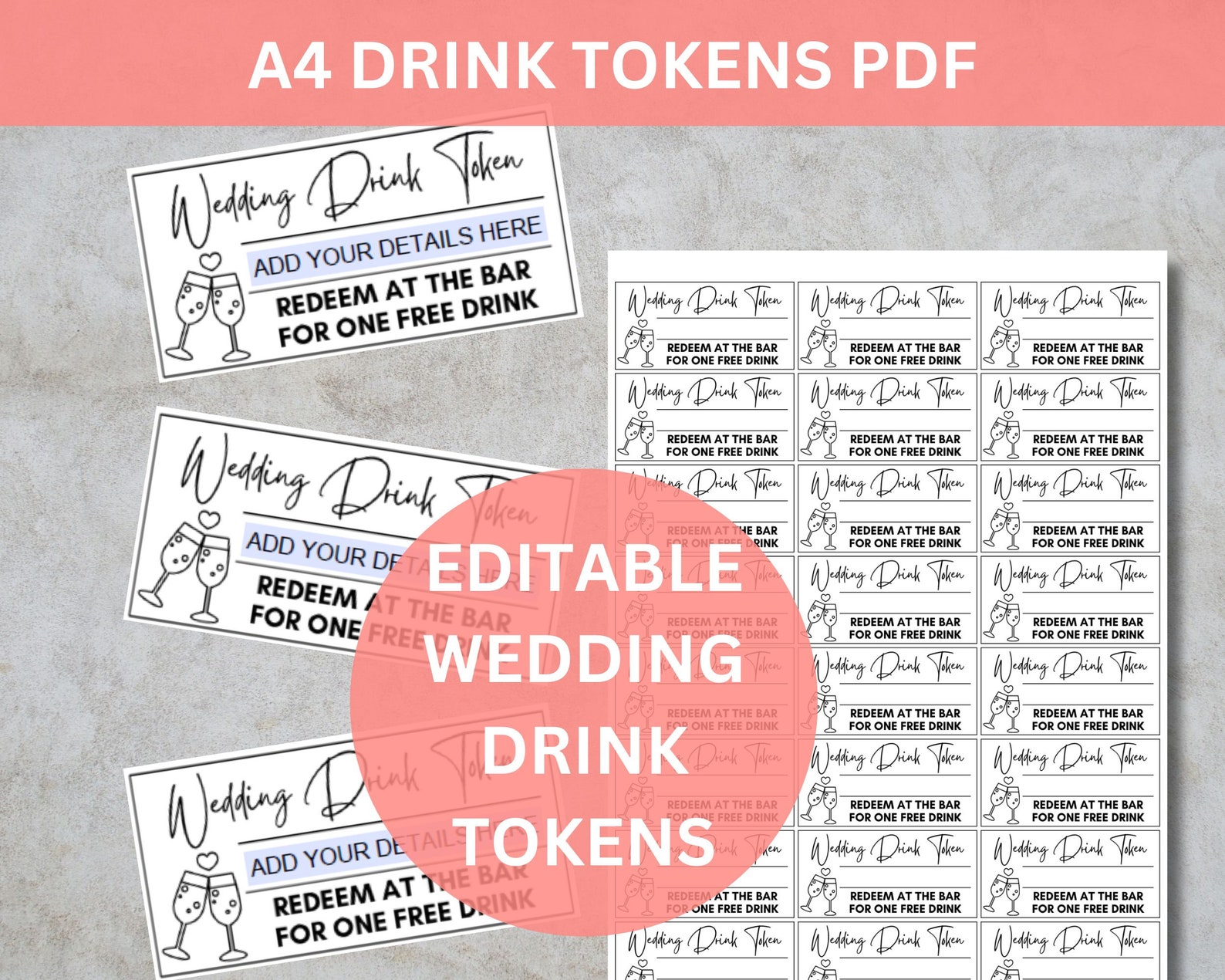 Editable Wedding Drink Tokens, Wedding Drink Tickets, Customisable ...