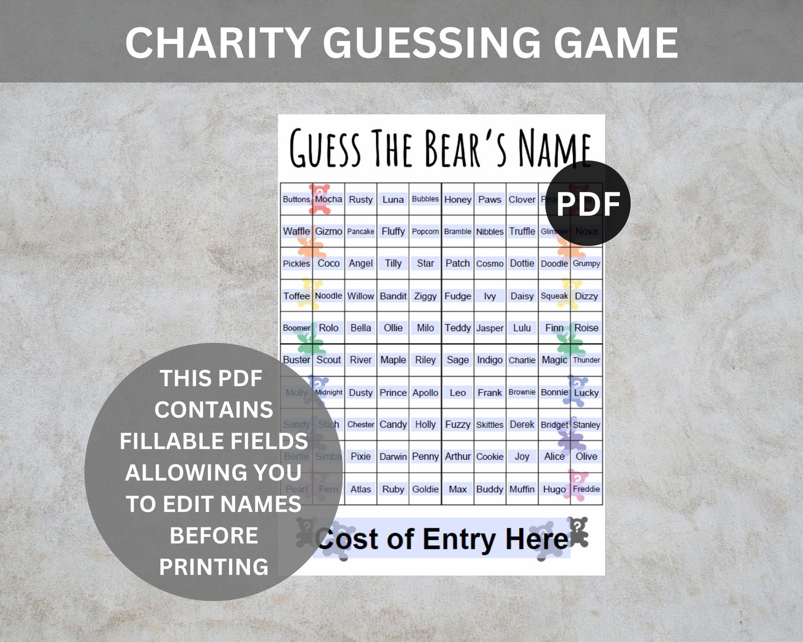 Charity Fundraising Game, PDF Guess the Bear's Name Game, Fundraising ...