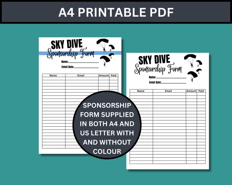 Sky Dive Printable Sponsorship Form Printable PDF Download - Etsy