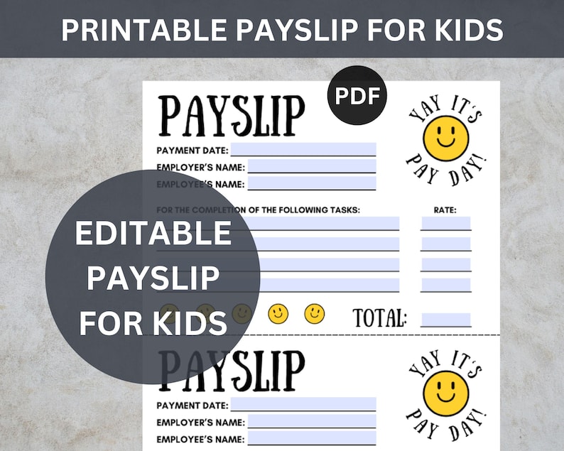 Editable Payslip for Kids, Printable Kids Paycheck, Kids Reward System ...
