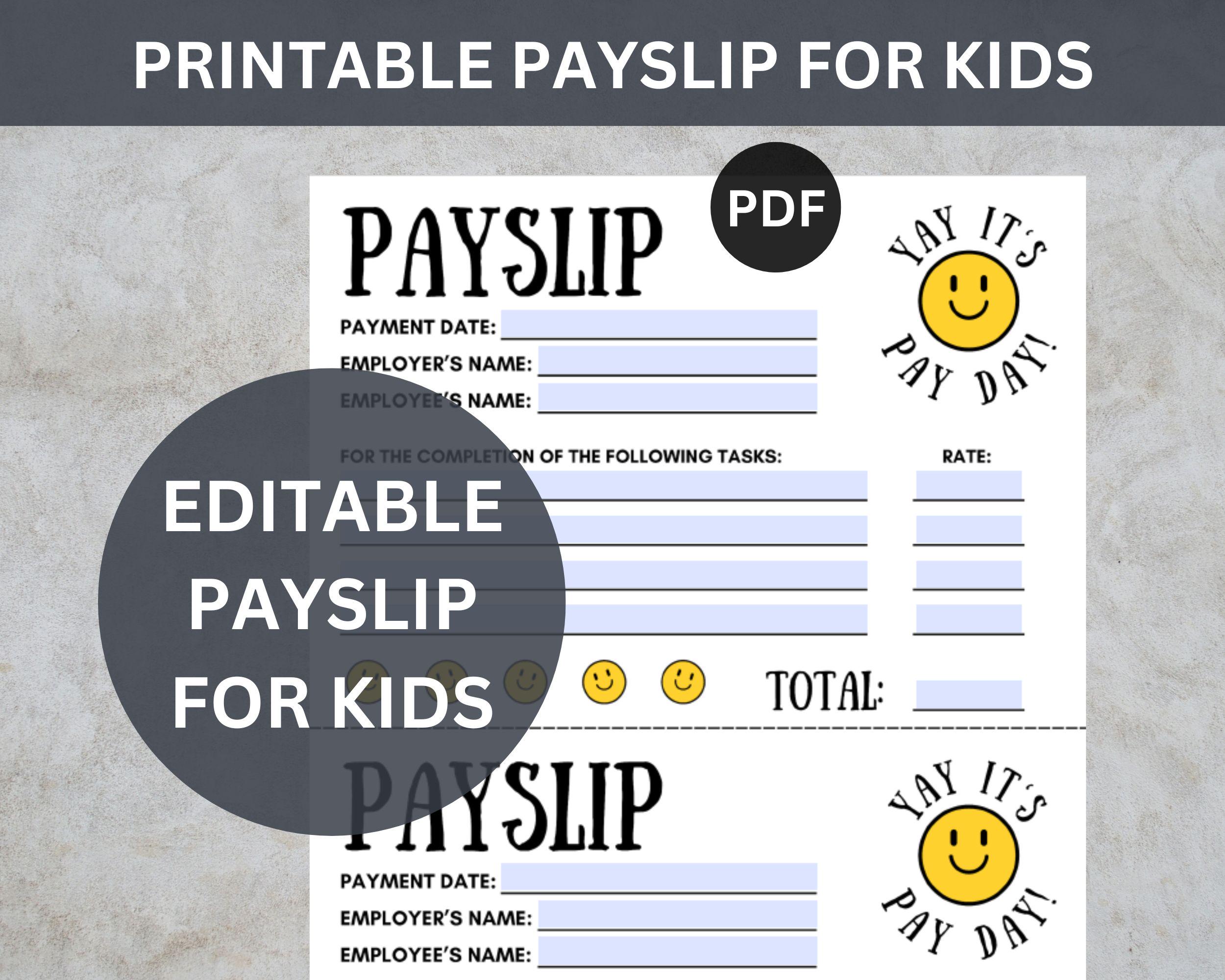 Editable Payslip for Kids, Printable Kids Paycheck, Kids Reward System ...