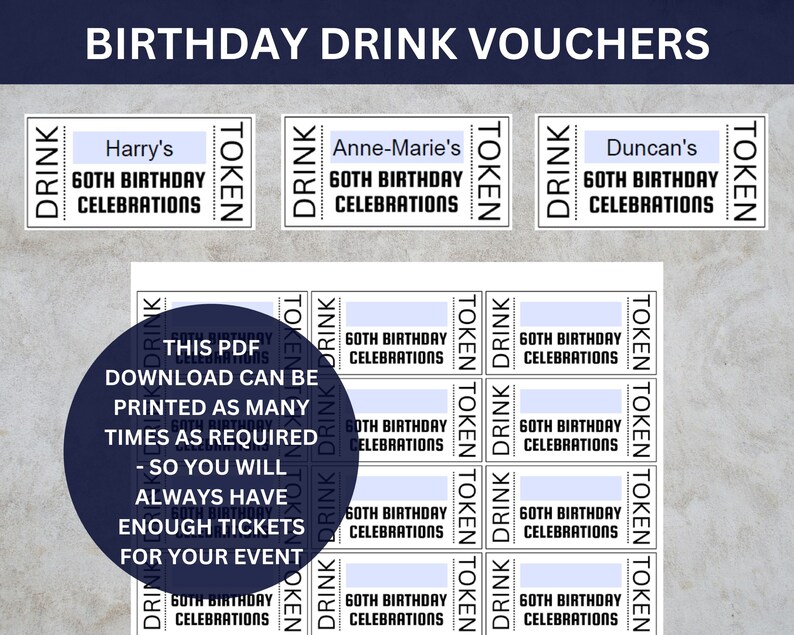 Editable 60th Birthday Drink Tokens, Printable Birthday Drink Tokens ...