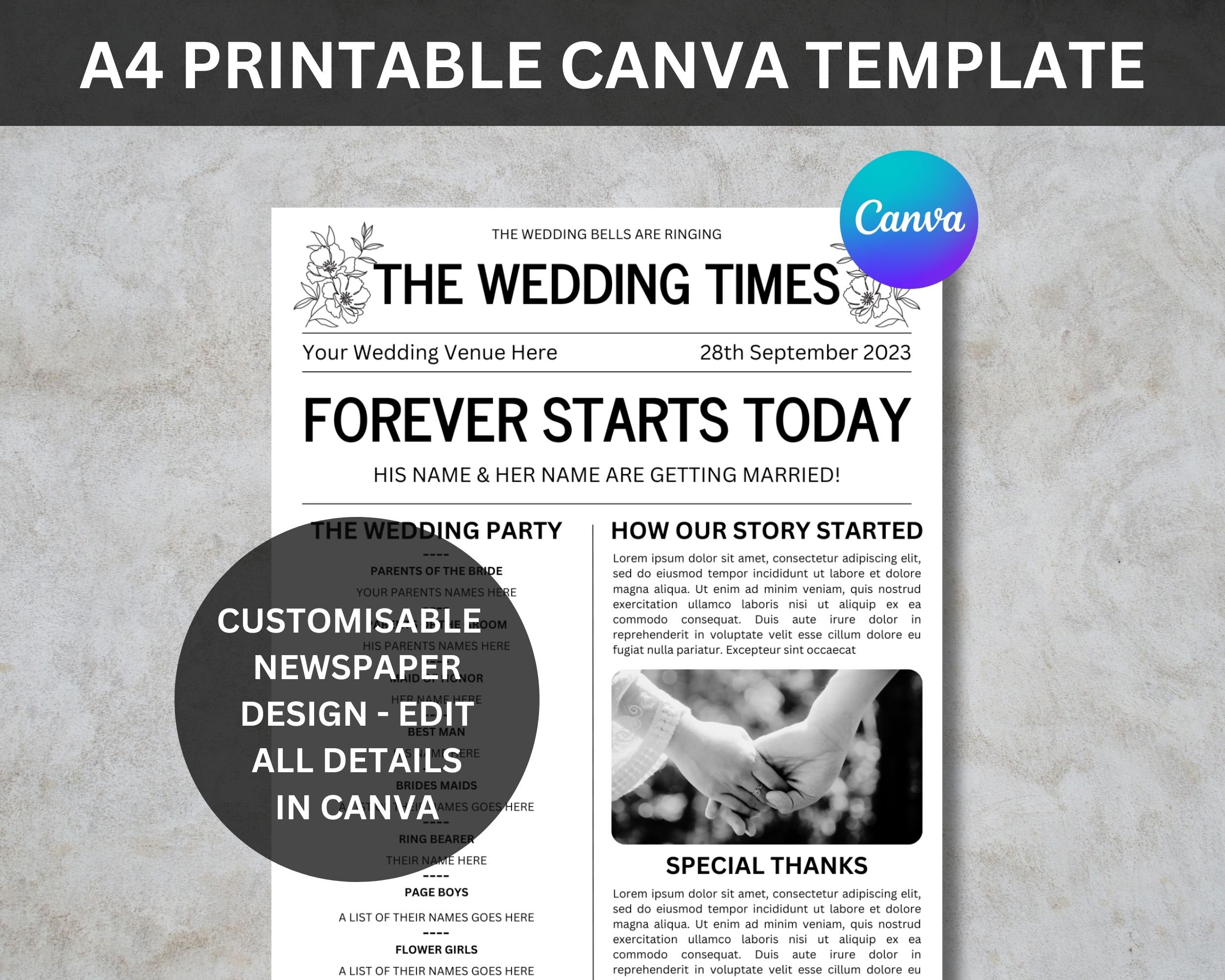 Editable Front Page Newspaper Wedding Programme A4 Canva Template ...