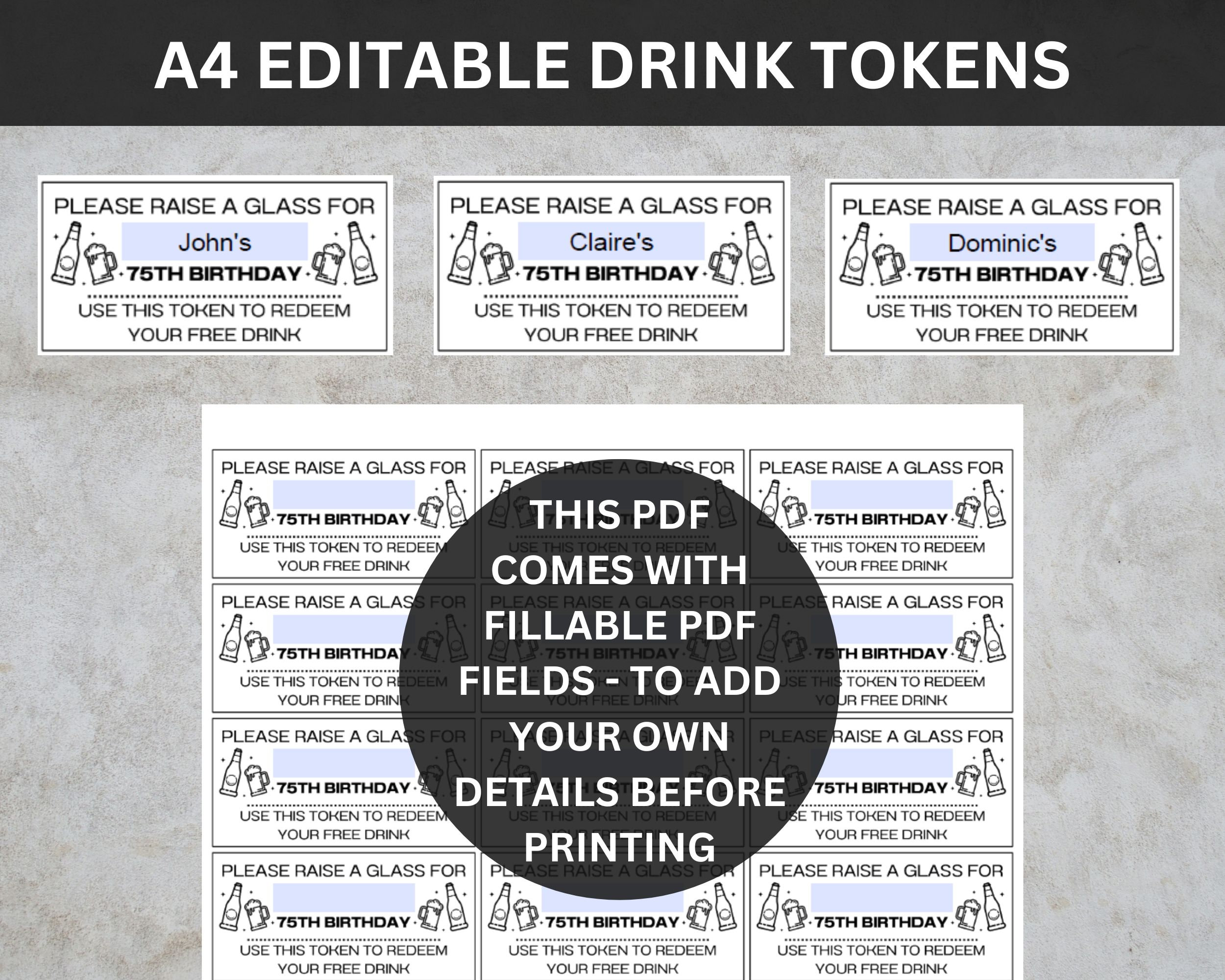 Editable 75th Birthday Drink Tokens, Printable Birthday Drink Tokens ...