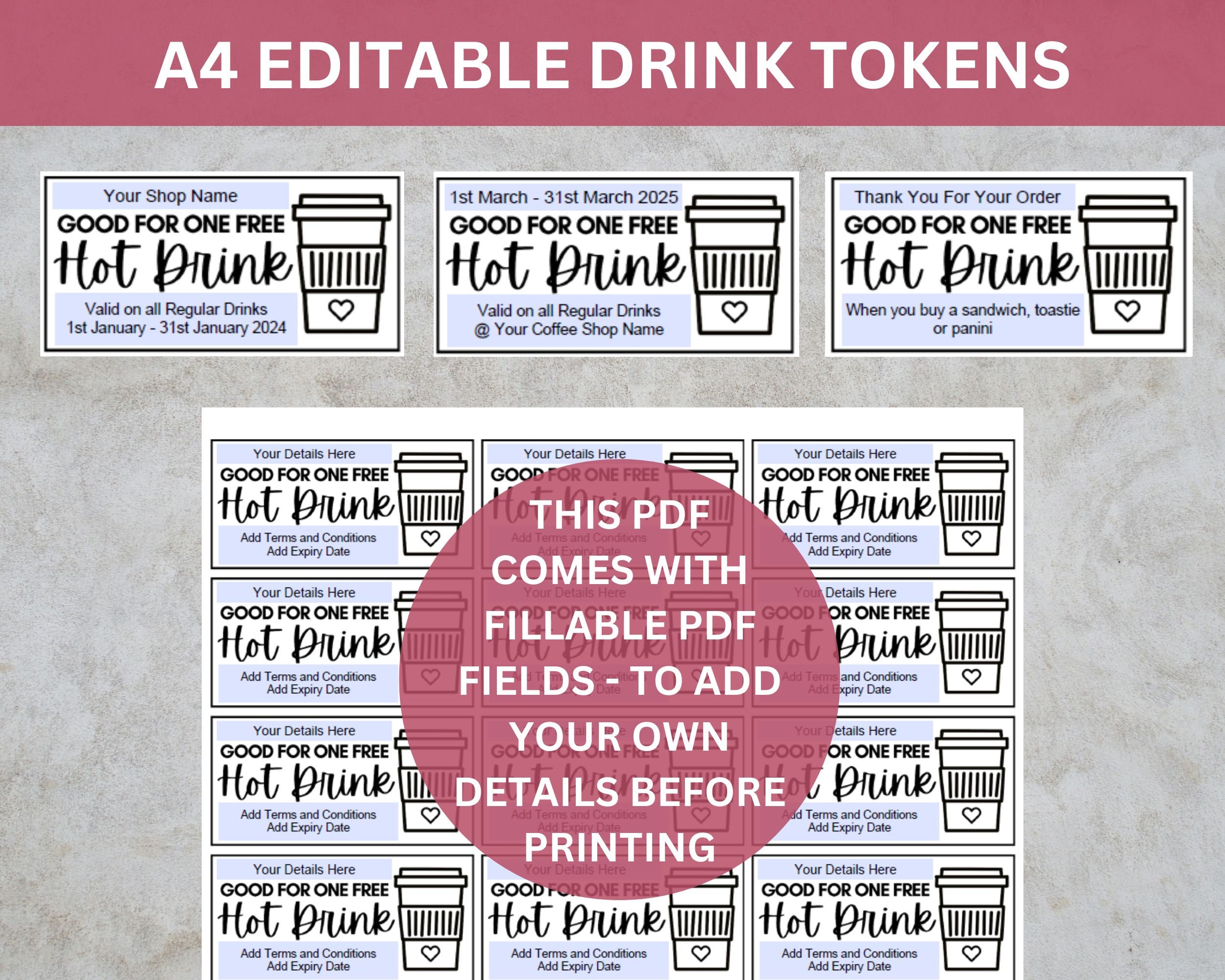 Printable Free Hot Drink Token Sheet: Fillable PDF Voucher - Etsy
